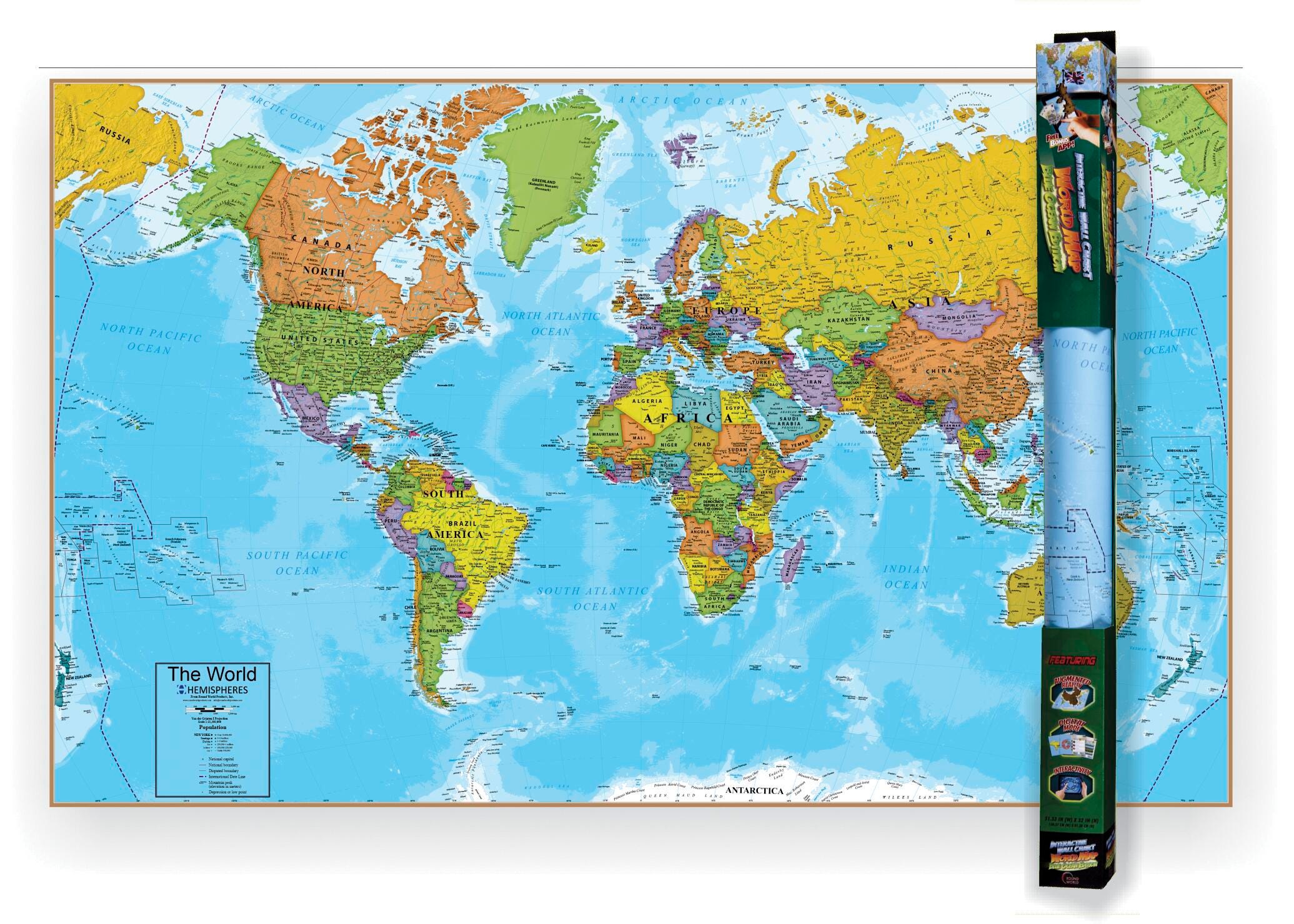 Round World Interactive World Map, 32 x 51-1/2 Inches
